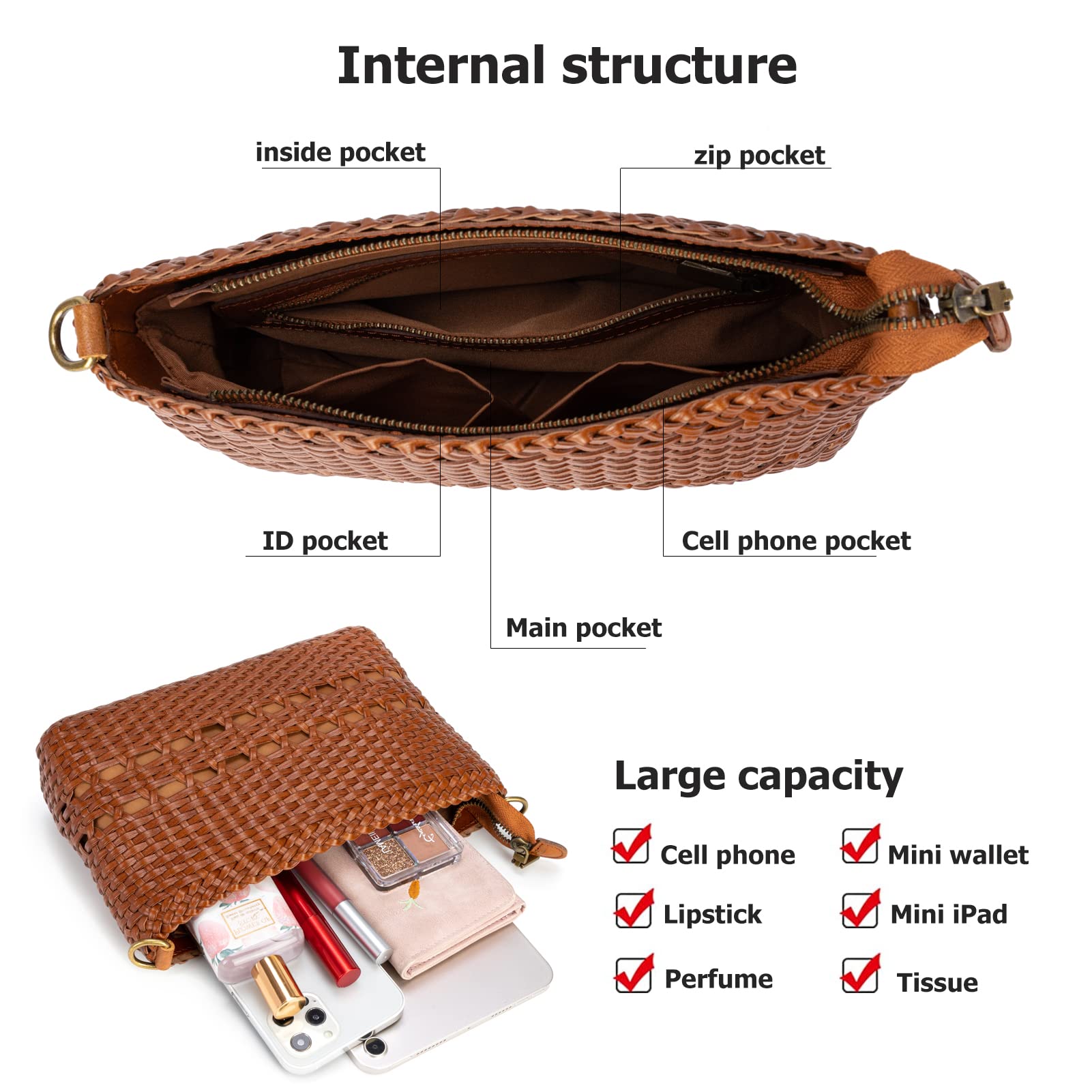 Genuine Leather Handmade Woven Crossbody Bag for Women Vintage Shoulder Handbag (light brown)