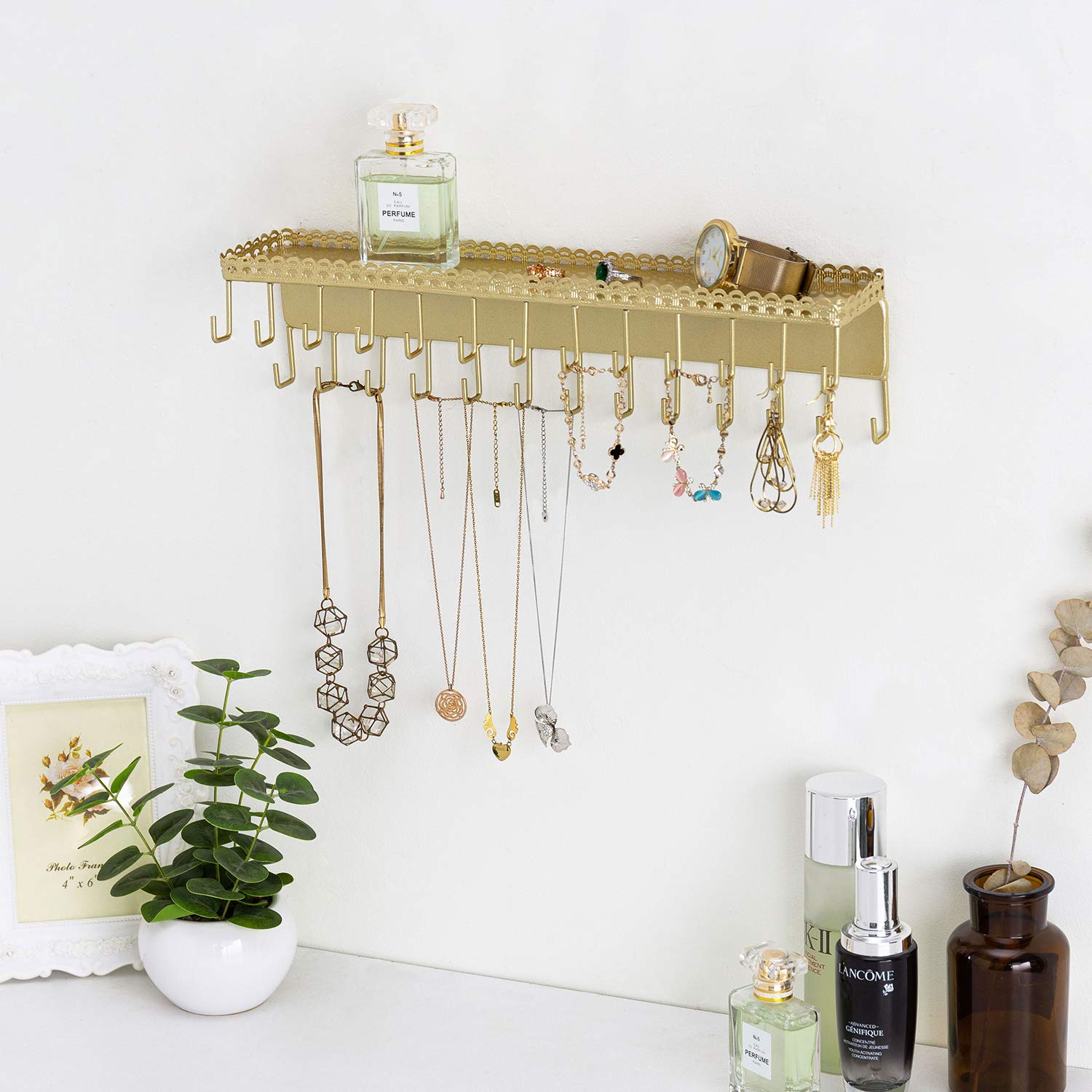 MyGift 26-Hook Gold-Tone Wall-Mounted Metal Jewelry Organizer with Display Shelf