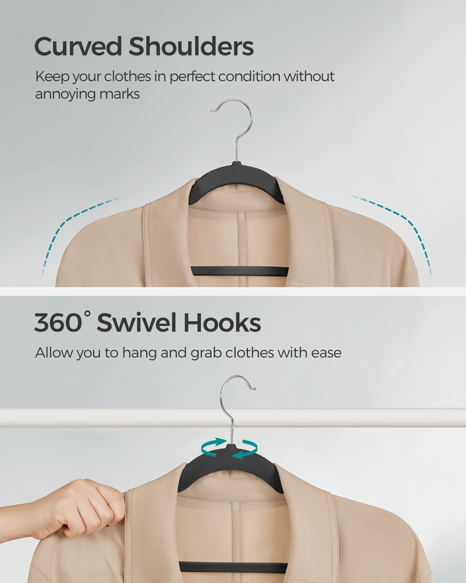 SONGMICS Velvet Hangers 60 Pack, Non-Slip Clothes Hangers, Suit Hangers with Shoulder Notches, Pants Bar, 360° Swivel Hook, Space-Saving, for Closet, Ink Black UCRF030B01