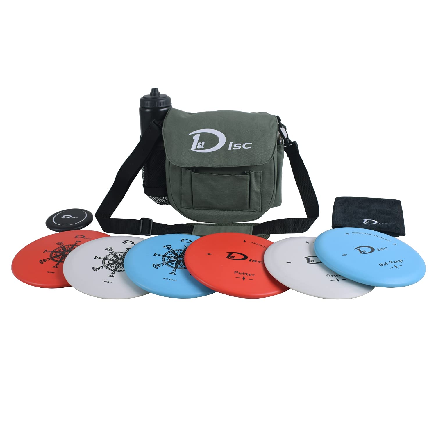 DISC Golf Set Includes 1pc Heavy Duty Nylon Carry Bag, 2pcs Drivers, 2pcs Mid-Ranges, 2pcs Putters, 1pc Mini Disc Marker and 1pc 12βx12β Embroider Logo Black Towel.