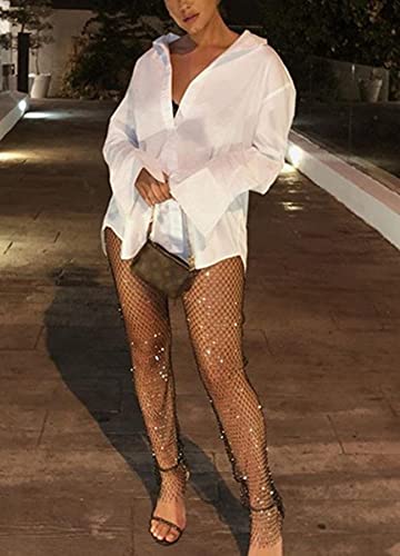 Fstrend Sparkly Crystal Mesh Fishnet Pants Black Rhinestone See Through Bottoms