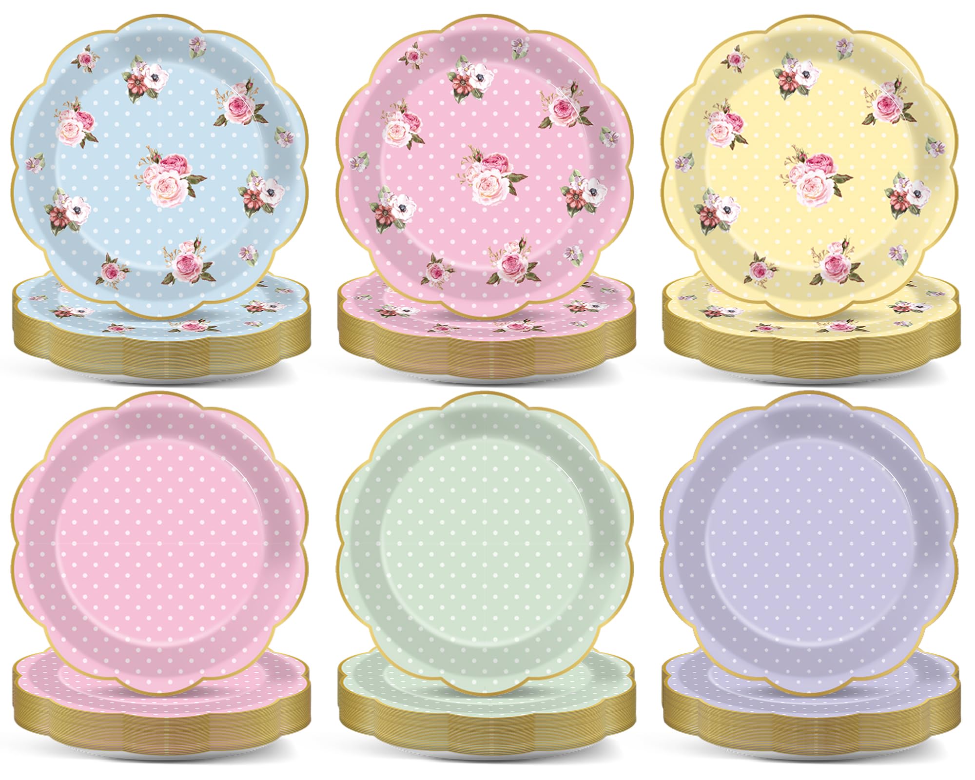 ojustbeok 48 Pcs Floral Paper Plates Tea Party Decorations Flowers Party Tableware Set Vintage Garden Party Supplies for Birthday Baby Shower Wedding Bridal Shower Disposable Talking Dinnerware Favors