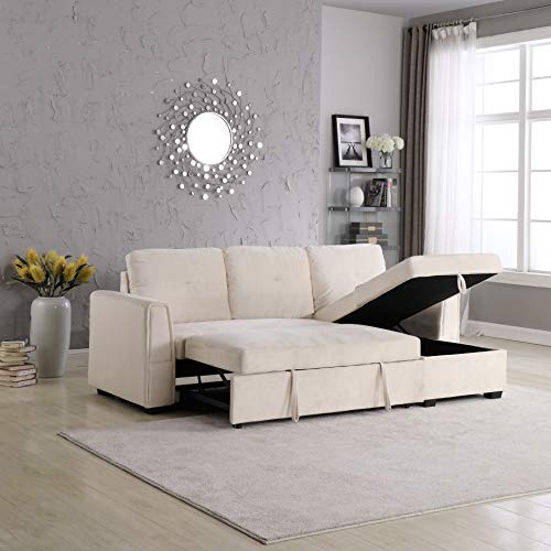 Legend Vansen 91''Velvet Sofa Chaise Storage Reversible L-Shape Sleeper Sectional,Sofabed,Seelper, Apt, Cream