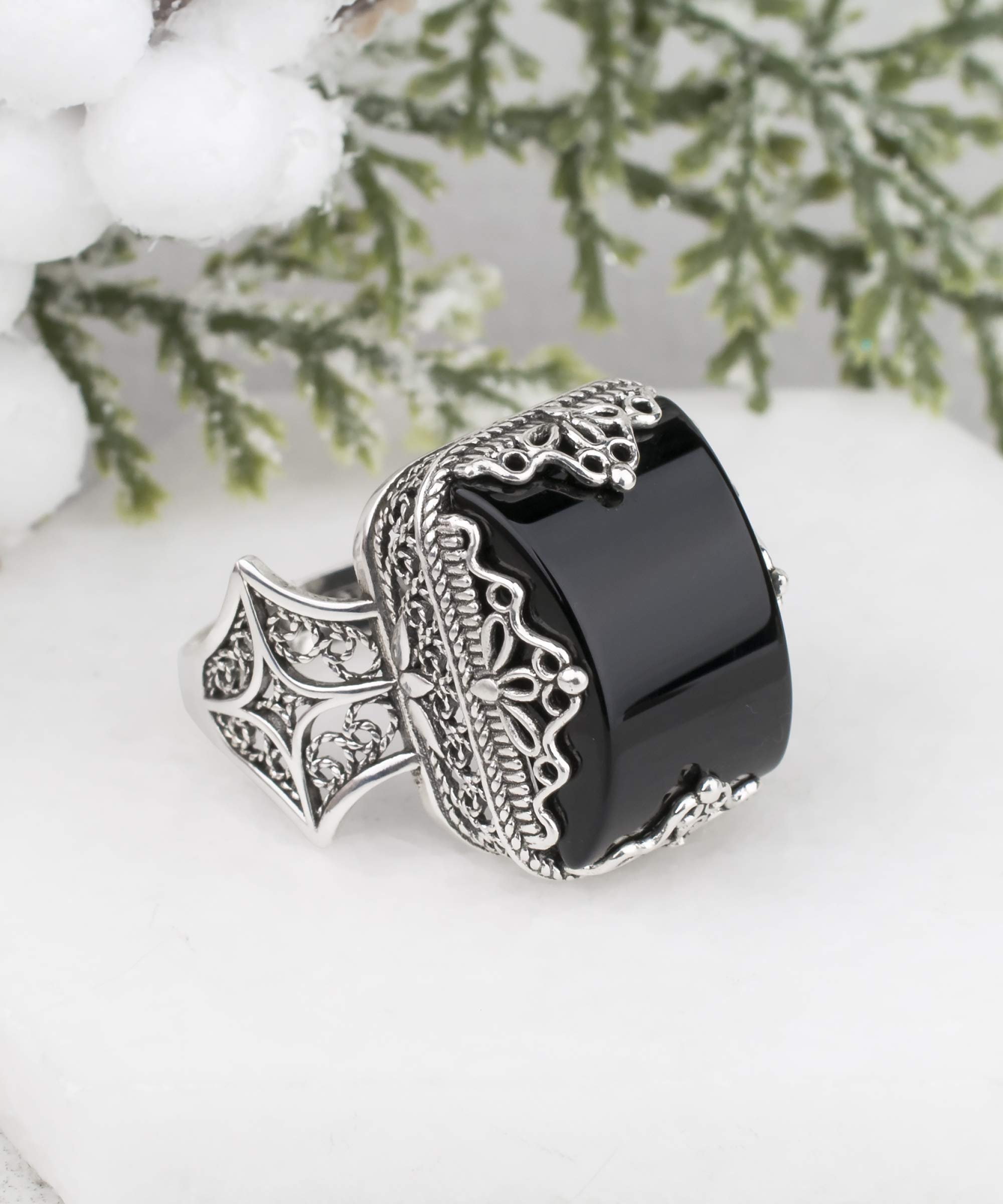 Genuine Unakite Black Onyx Gemstone 925 Sterling Silver Filigree Style Unisex Bold Ring Special for You and Your Precious (Size 5-12) (9, Onyx)