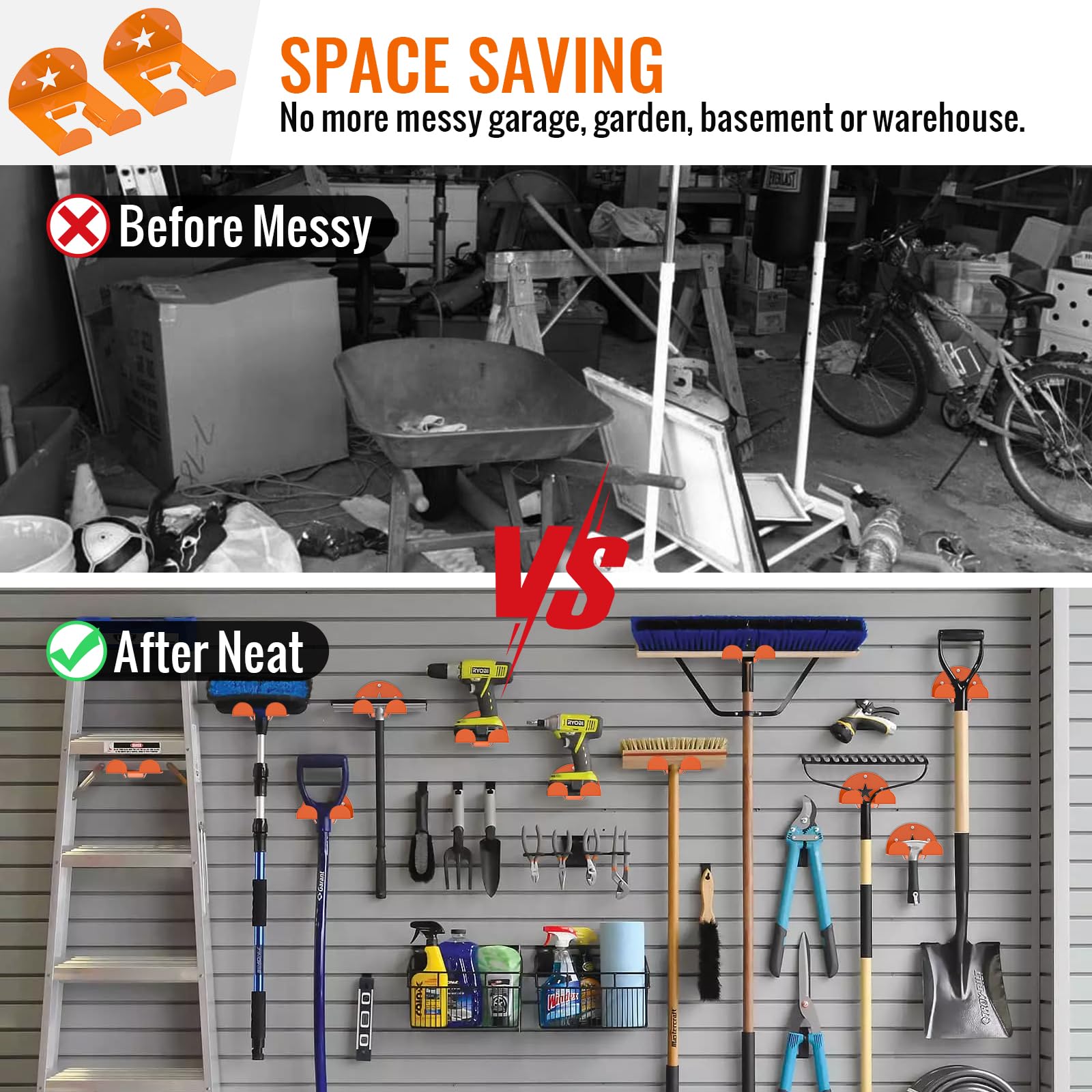 Sulythw 2 Pack Trimmer Rack Garage Garden Power Tool Hanger for Grass Trimmer, Hedge Trimmer, Garage Wall Weed Eater Hanger Holder Garage Trimmer Power Tool Organizer Storage Wall Mount (Orange)