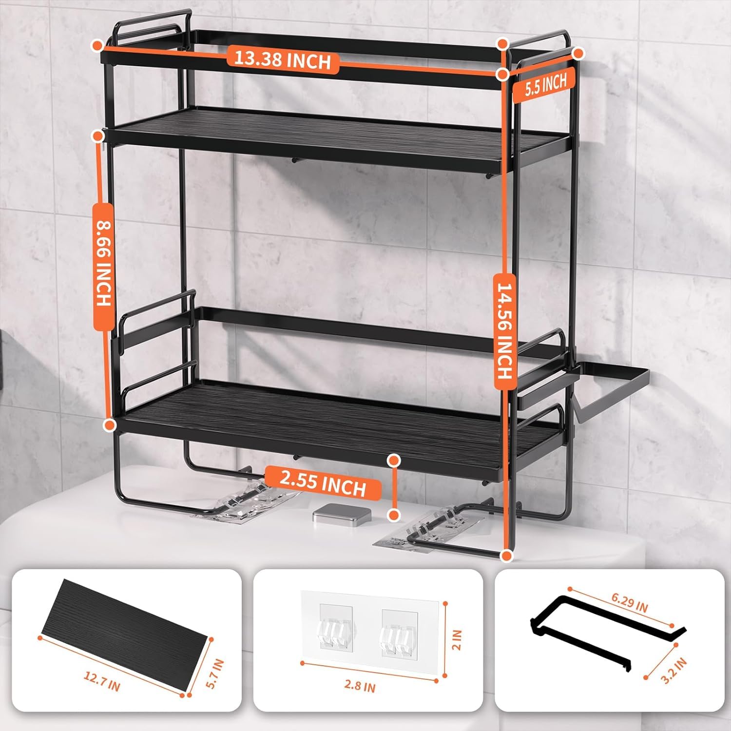 NUTSAAKK Over Toilet Storage, Bathroom Organizers and Storage, 2-Tier Toilet Shelf with Wooden Bottom Plate, Above Toilet Storage for Space Saving, Black
