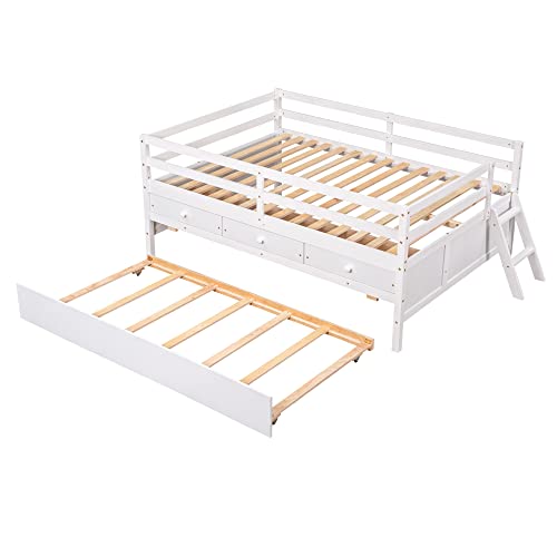 ODC Low Loft Bed with Trundle Bed and 3 Storage Drawers, Multifunctional Full Size Loft Bed with Climbing Ladder, Solid Wood Bed Frame with Full Safety Fence for Kids Boys Girls