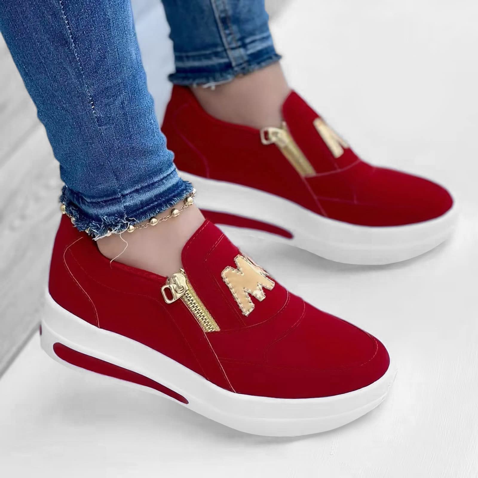 FASDNENDYS Ladies Fashion Solid Color Flock Side Zipper Platform Comfortable Casual Sports Shoes Beach Sand Shoes Men Red