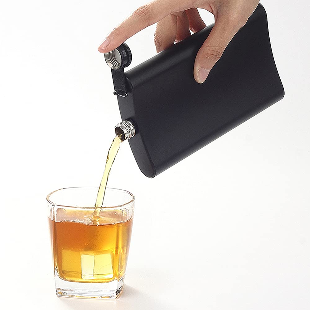 FYL 12 Oz 18/8 Stainless Steel Hip Flask for Liquor with Never-Lose Cap, Leakproof Easy Pour Funnel is Included, Matte Black