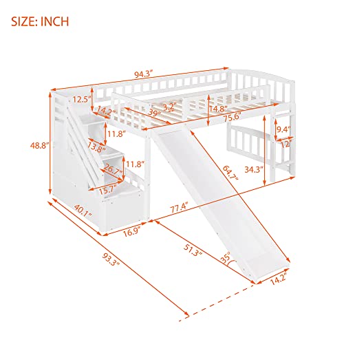 ODC Twin Size Loft Bed with 2 Drawers and Slide for Kids, Solid Wood Loft Bed Frame with Storage, Low Loft Bed with Slide, Ladder and Security Guardrail for Kids Girls Boys Teens