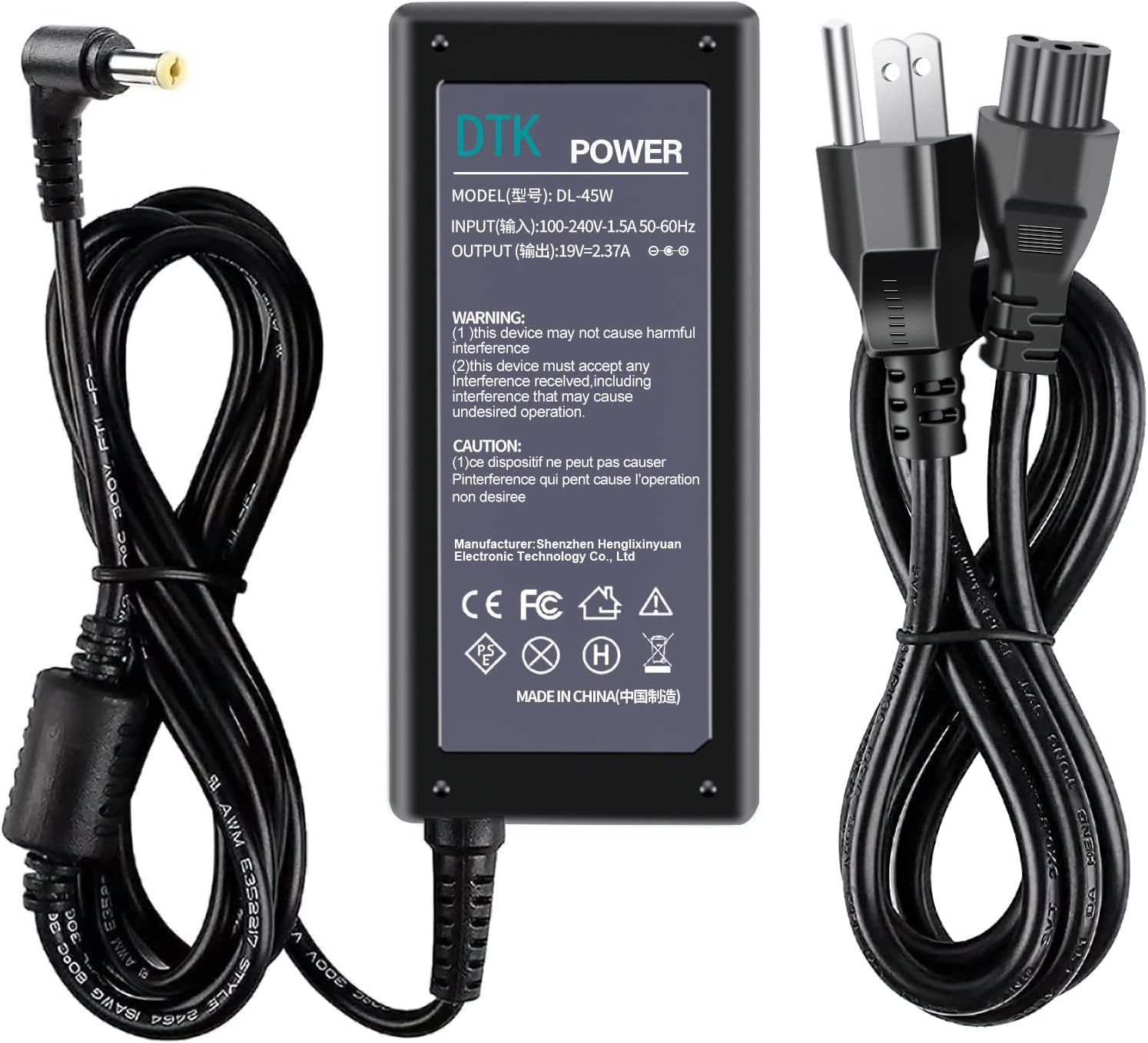 DTK 45W Acer AC Adapter Laptop Charger Computer Monitor Charger Notebook PC Power Cord Supply Source Plug 19V 2.37A, Connector Size: 5.5x1.7mm (NOT fit 3.0x1.1mm)