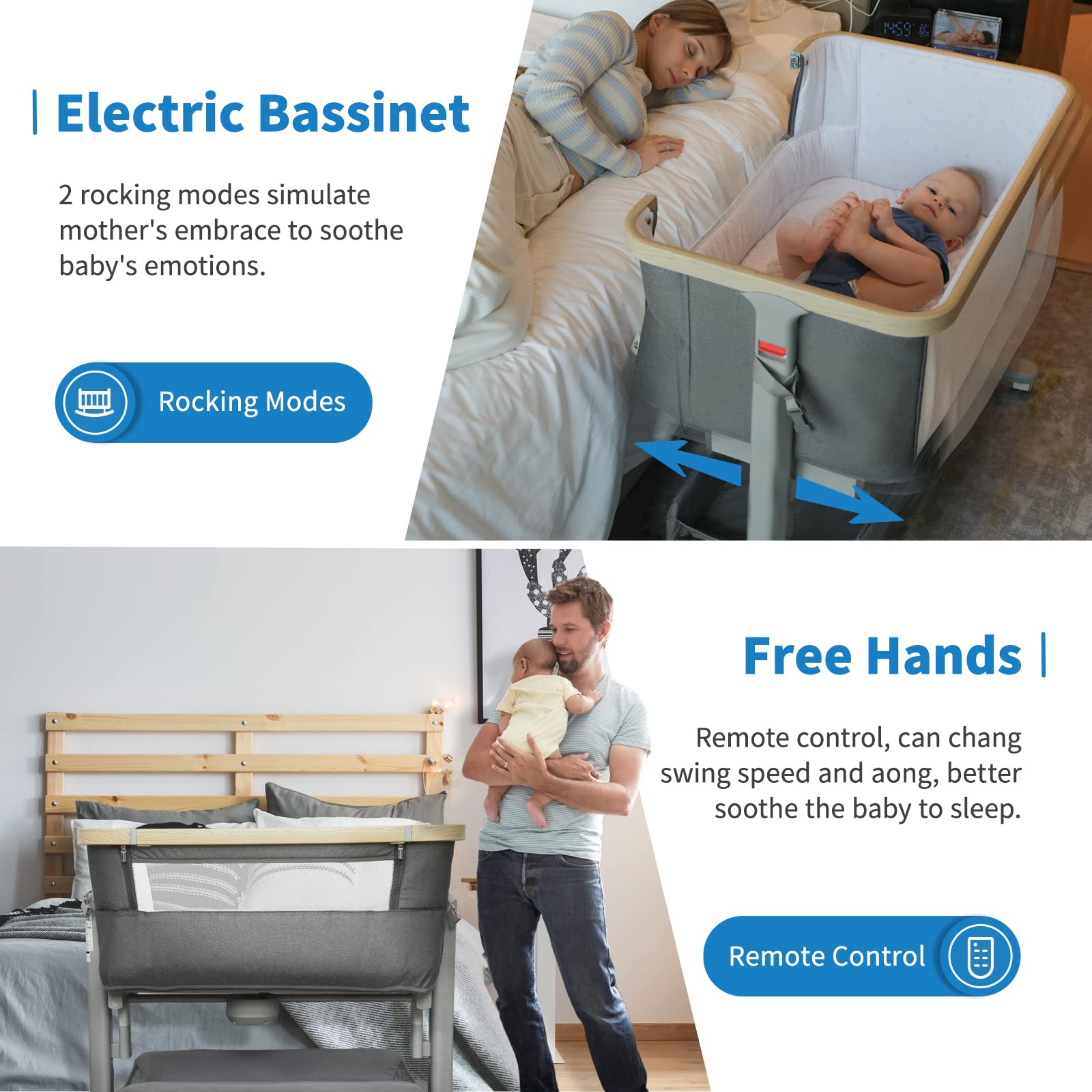 DEYGIA Rocking Baby Bassinet, Electric Bassinet Bedside Sleeper with Wheels and Comfy Mattress, 3 in 1 Electric Bedside Crib, 10 Heights Adjustable, Smart Co Sleeper with Large Storage Basket