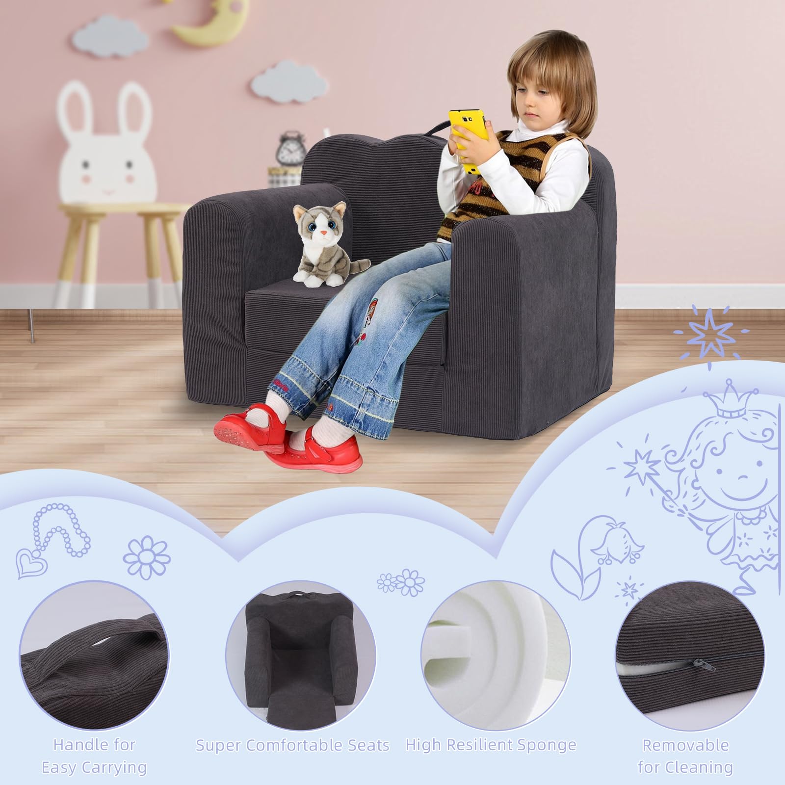 Parkside Wind Toddler Folding Couch,2-in-1 Flower Shaped Sofa Convertible Sofa Recliner, Comfortable Flip-up Sofa, Suitable for 0-2 Years Old Toddler Couch(Gray)…