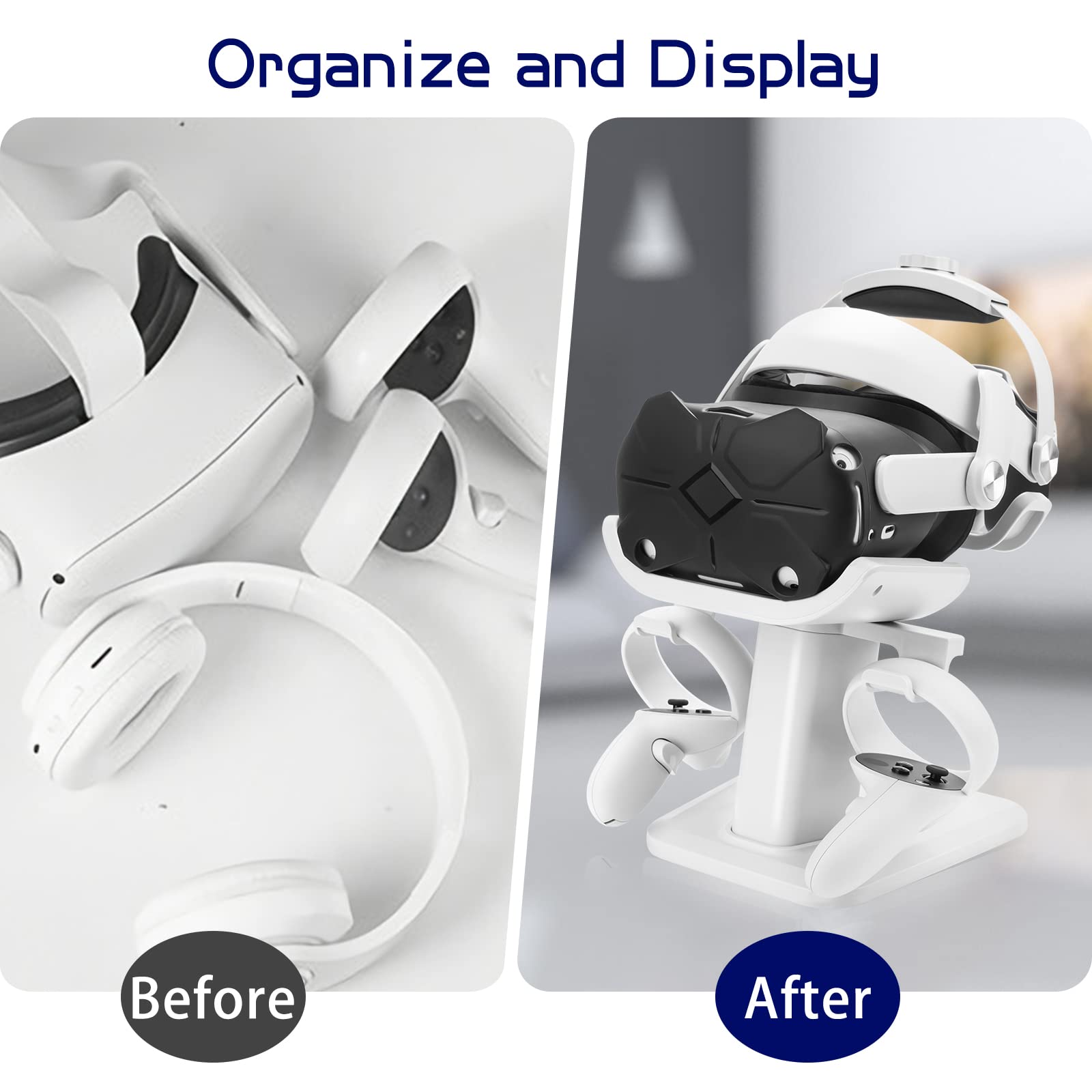 Head Strap & VR Stand for Oculus Quest 2, Replacement Adjustable Strap for Quest 2 Elite Straps, VR Stand Display Holder and Controller Mount Station, White