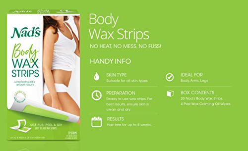 Nad's Body Wax Strips Hair Removal For Women All Skin Types, 20 Waxing Strips + 4 Calming Oil Wipes