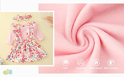 TUEMOS Baby Girl First Easter Outfits Long Sleeve Romper Bunny Suspender Skirt Easter Newborn Clothes Set Flower Pink 3-6 Months