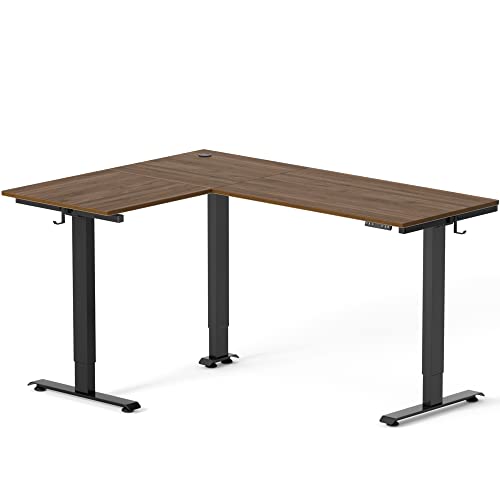 FEZIBO Triple Motor L-Shaped Electric Standing Desk, 63 Inches Height Adjustable Stand up Corner Desk, Sit Stand Workstation with Splice Board, White Frame/White Top