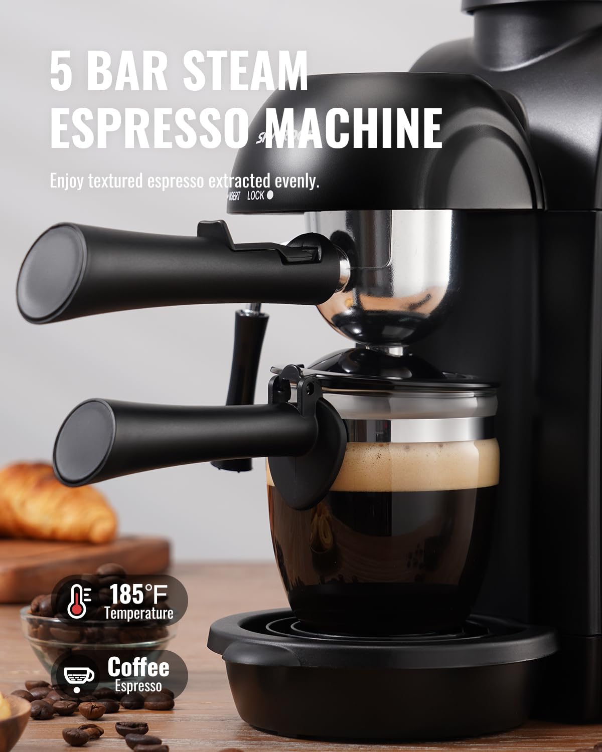 SHARDOR Espresso Machine with Powerful Steamer, 5-Bar Cappuccino Espresso Maker with Steam Milk Frother, 1-4 Cup Latte Coffee Maker for Home, Black