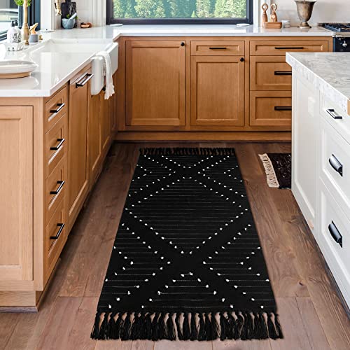 MitoVilla Boho Kitchen Runner Rug 2'x4.3', Black and White Hallway Rugs, Farmhouse Simple Geometric Bath Mat with Tassel, Washable Cotton Woven Living Room Rug