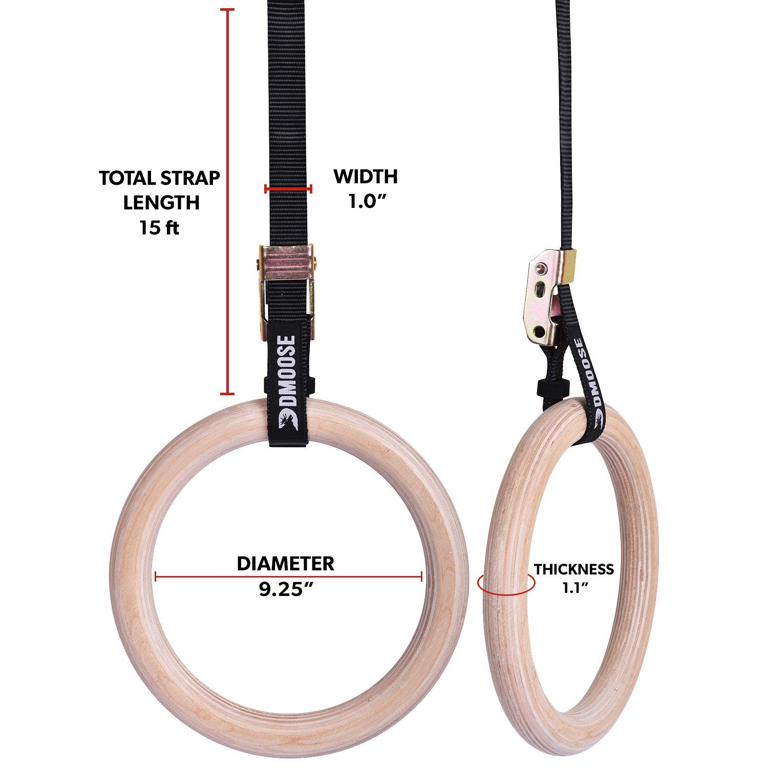 DMoose Fitness Gymnastic Ring (Wooden Rings w/Black Strap)