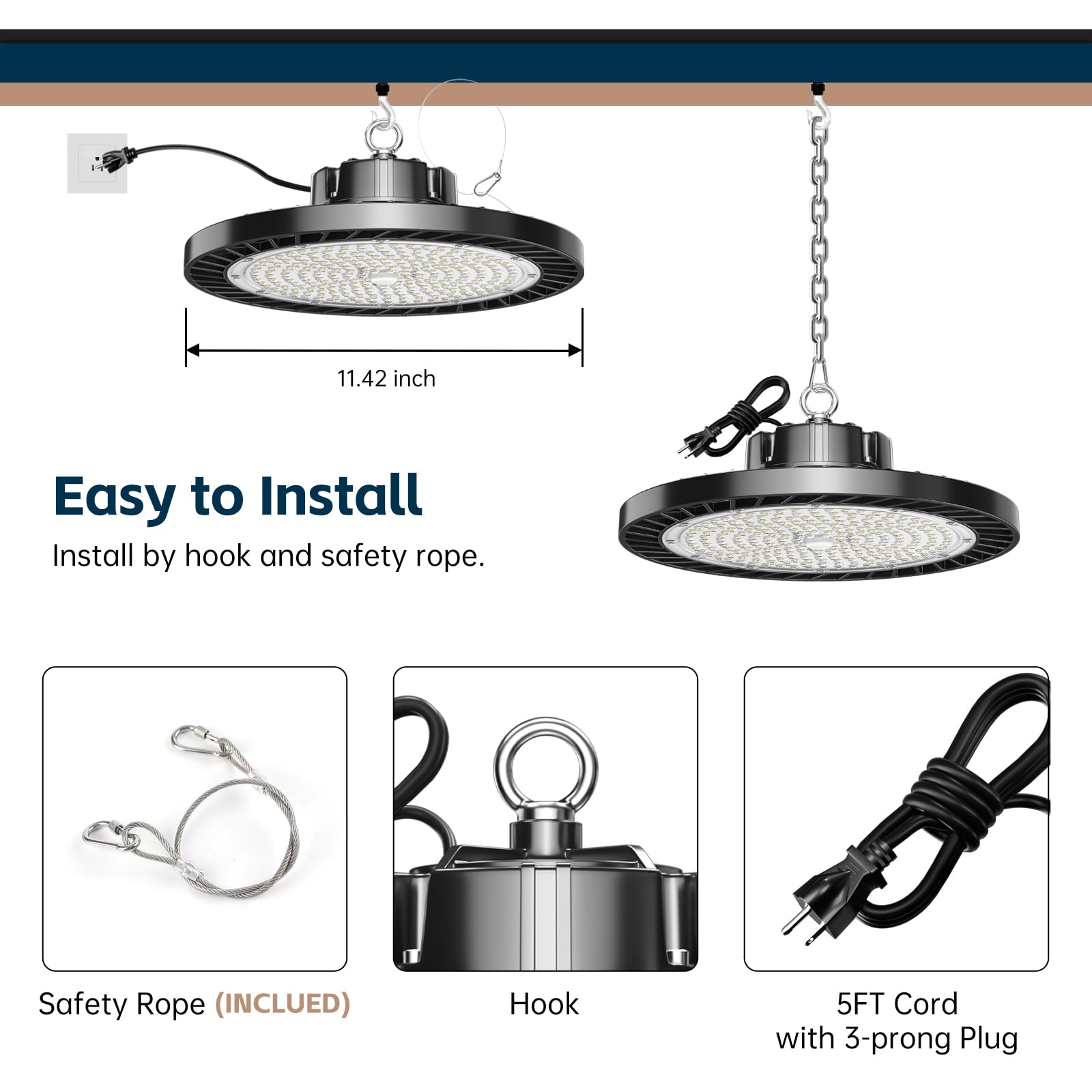 lvsdak UFO LED High Bay Lights 5000K 200W 30000LM AC100-277V with Plug High Bay Led Shop Lights Suitable for Warehouse Workshop Factory Gym Garage Barn 6 Pack