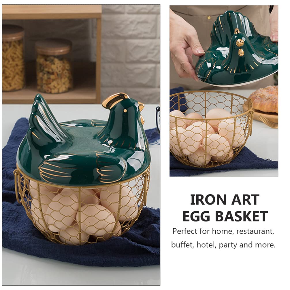 Hemoton Metal Wire Egg Basket Chicken Egg Storage Skelter Basket with Ceramic Farm Chicken Cover Egg Holder Organizer Container