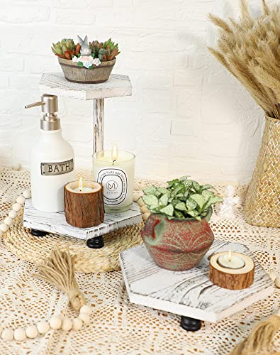 Tikea Hexagonal Wood Riser for Display, 2-Tier Farmhouse Wood Pedestal Stand for Kitchen Bathroom Counter Decor, Decorative Tray for Soap Dispenser, Candle and Plant