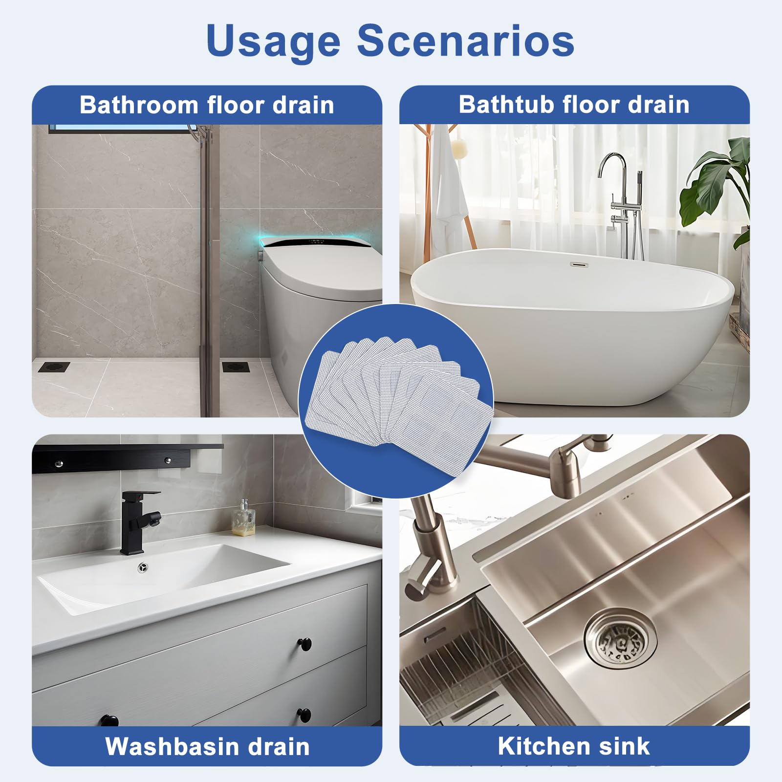PASAGLU Disposable Drain Hair Catchers, 4" X 4" Disposable Shower Drain Mesh Stickers, Floor Drain Stickers for Bathroom, Laundry, Bathtub, Kitchen, Sink, for Human and pet Hair (50, White)