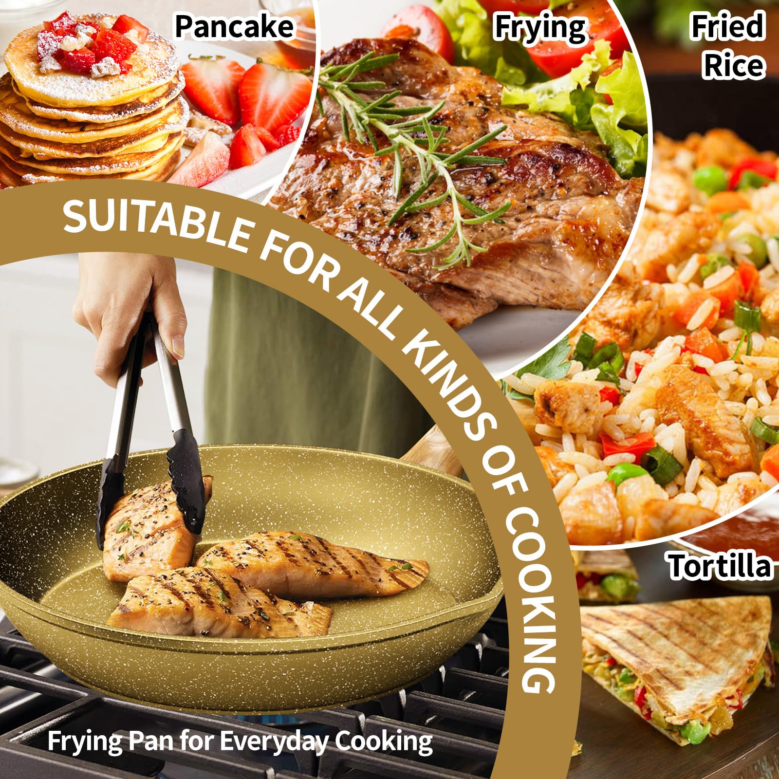 Nonstick Frying Pan,Gold Granite Coating Egg Pan Skillet Omelette Pan,8 Inch Non Stick Fry Pan,Kitchen Cookware Induction Compatible Pan, PFOA Free