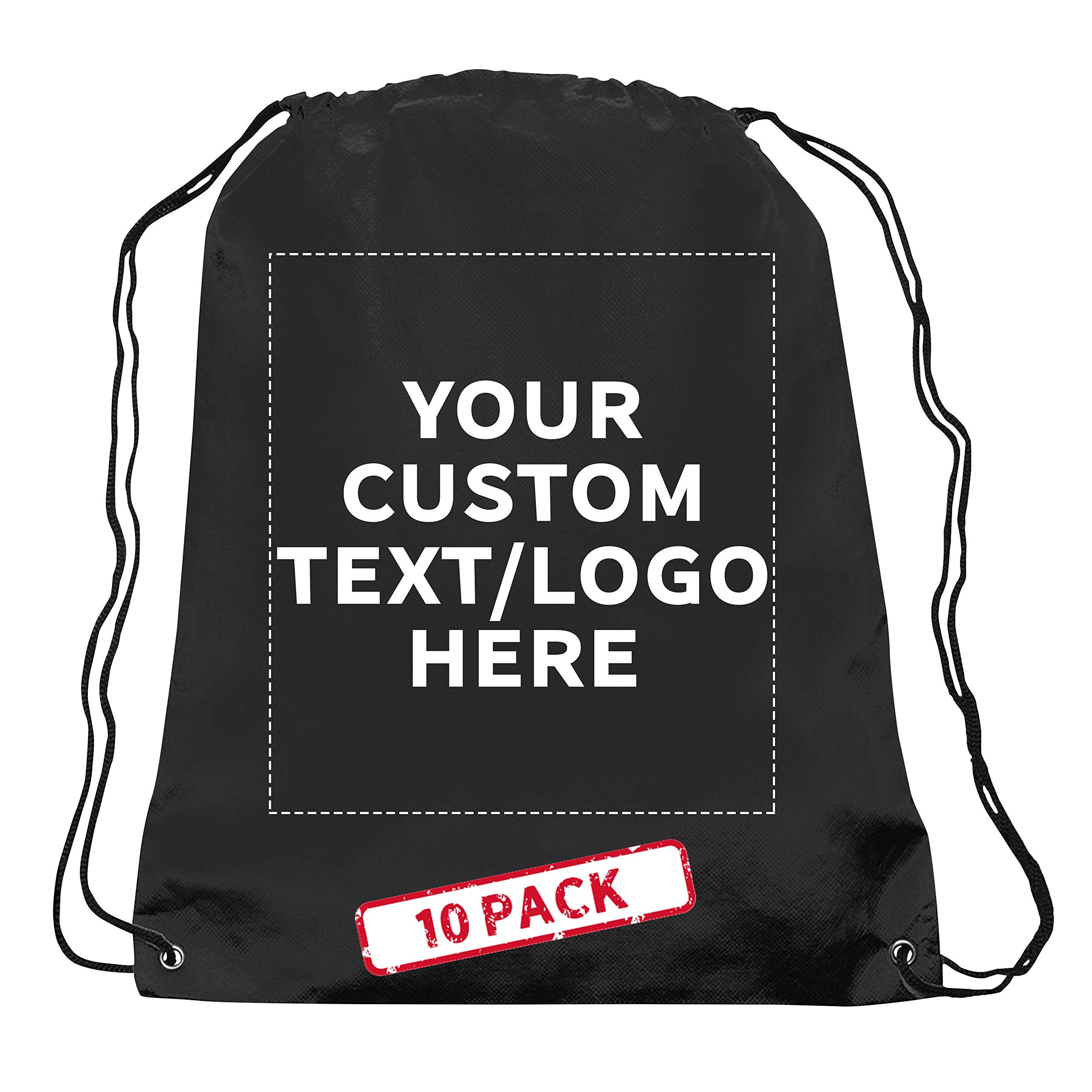 DISCOUNT PROMOS Custom Non-Woven Drawstring Backpacks Set of 10, Personalized Bulk Pack - Bring Everywhere You Go, Great for Travelling, Gym and for Everyday Use - Black