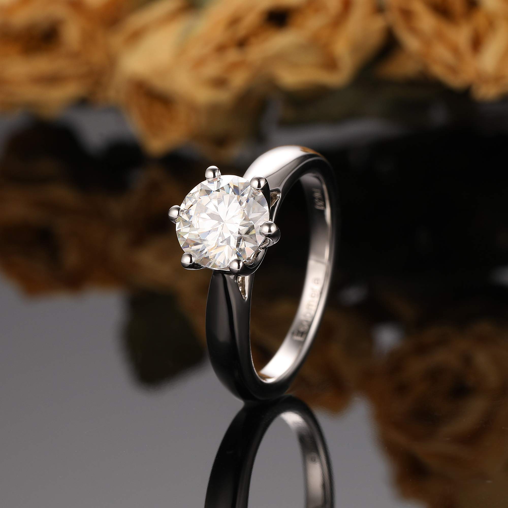 Esdomera Solitaire 6 Prongs 2.00ct Round Cut 8mm Moissanite Women's Engagement Ring in Platinum Plated Sterling Silver Proposal Ring (5.5)