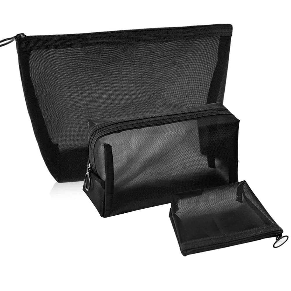 iDeep Mesh Toiletry Bag, 3 Pack Black Nylon Mesh Zipper Pouches Travel Cosmetic Organizer Case for Daily Toiletries Accessories Purse Bag