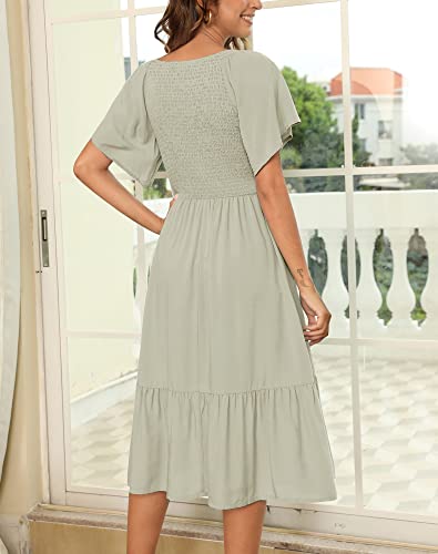 Zattcas Womens Short Flutter Sleeve V Neck Smocked Ruffle Midi Tiered Dress Light Sage S