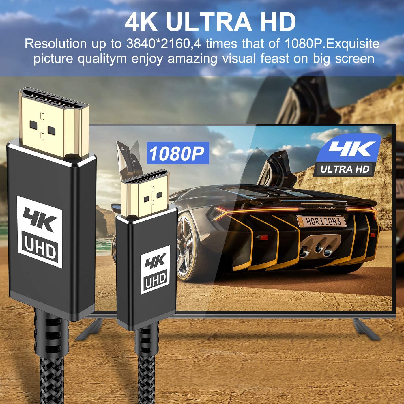 sweguard HDMI Cable 10ft [4K@60Hz, 1080P@144Hz], 4K HDMI 2.0 Cable High Speed 18Gbps Gold Plated Nylon Braided Supports HDR,HDCP 2.2, 2160P,3D,ARC for Roku TV PS5 PS4 Xbox HDTV Blu-ray&Monitor-Black