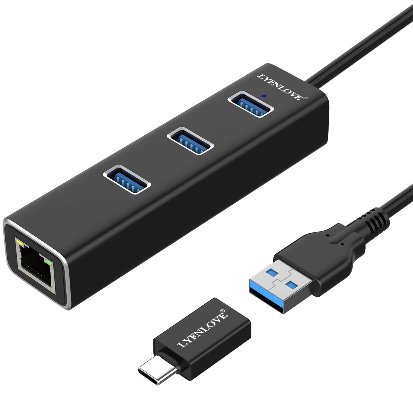 LYFNLOVE USB Hub with Ethernet, 3-Port USB 3.0 Hub Splitter with USB C Adapter, Aluminum USB to Ethernet Adapter + Multi USB Port Extender Hub for MacBook Pro/Air, iMac, Laptop
