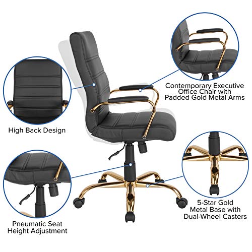 Flash Furniture Whitney High Back Desk Chair - Black LeatherSoft Executive Swivel Office Chair with Gold Frame - Swivel Arm Chair