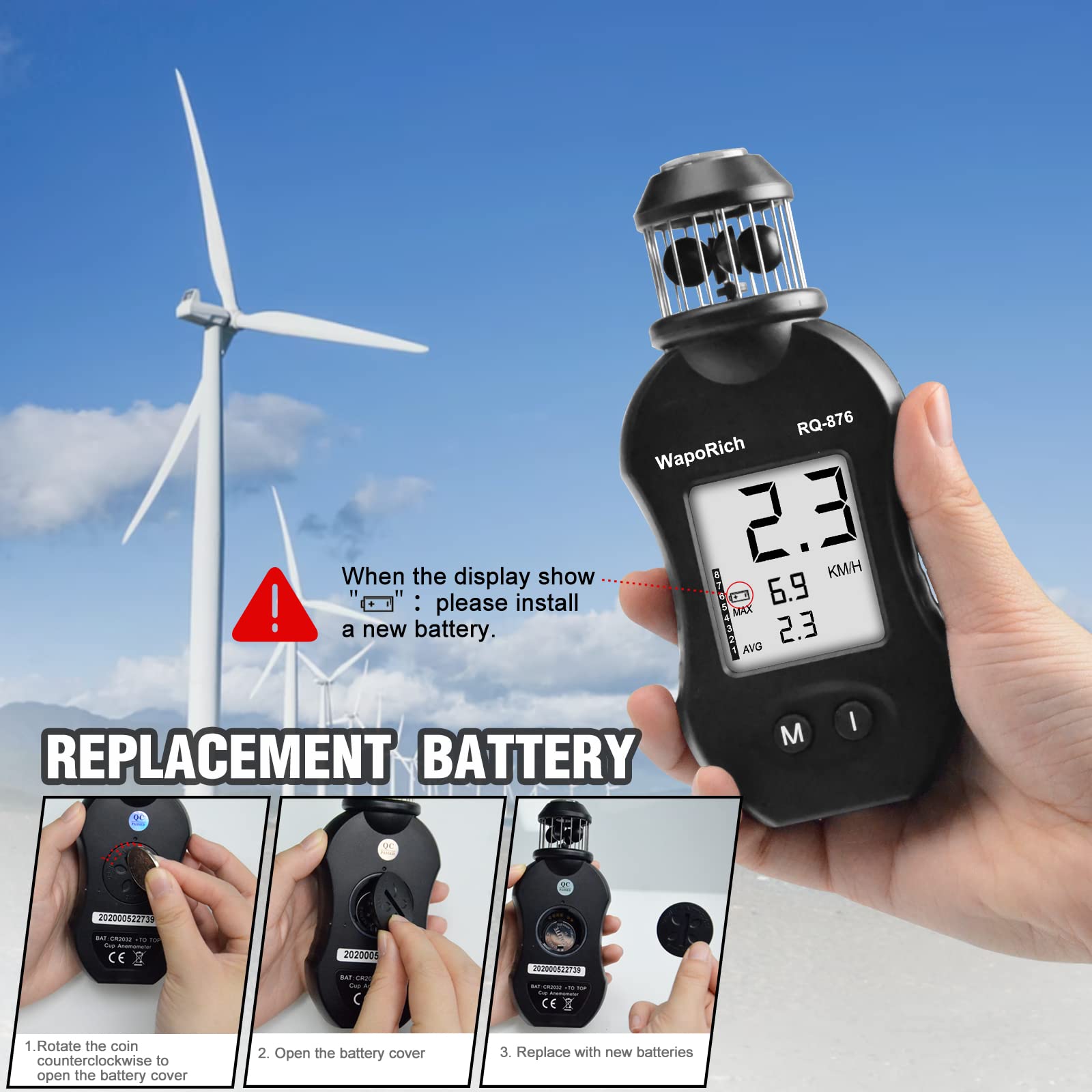 Digital Anemometer Handheld Wind Speed Meter with 360°Rotation Wind Senser with Big LCD Back-Light for Wind Speed/Wind Temperature/Max/Avg for HAVC, Drone Flight, Fishing, Shooting -RQ-876