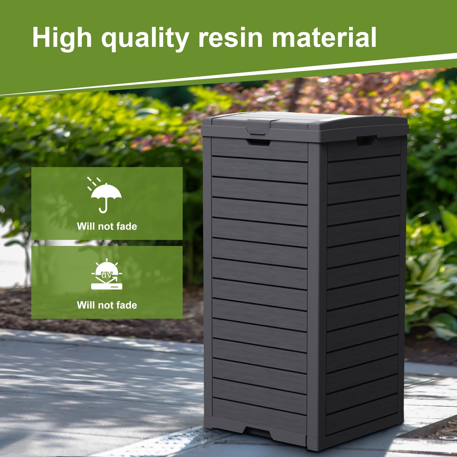 PatioZen 31 Gallon Outdoor Trash Can, Waterproof Trash Can Cabinet for Outside, Resin Garbage Bin with Lid and Drip Tray for Easy Cleaning for Patios, Kitchens, and Outdoor Entertaining(Black)