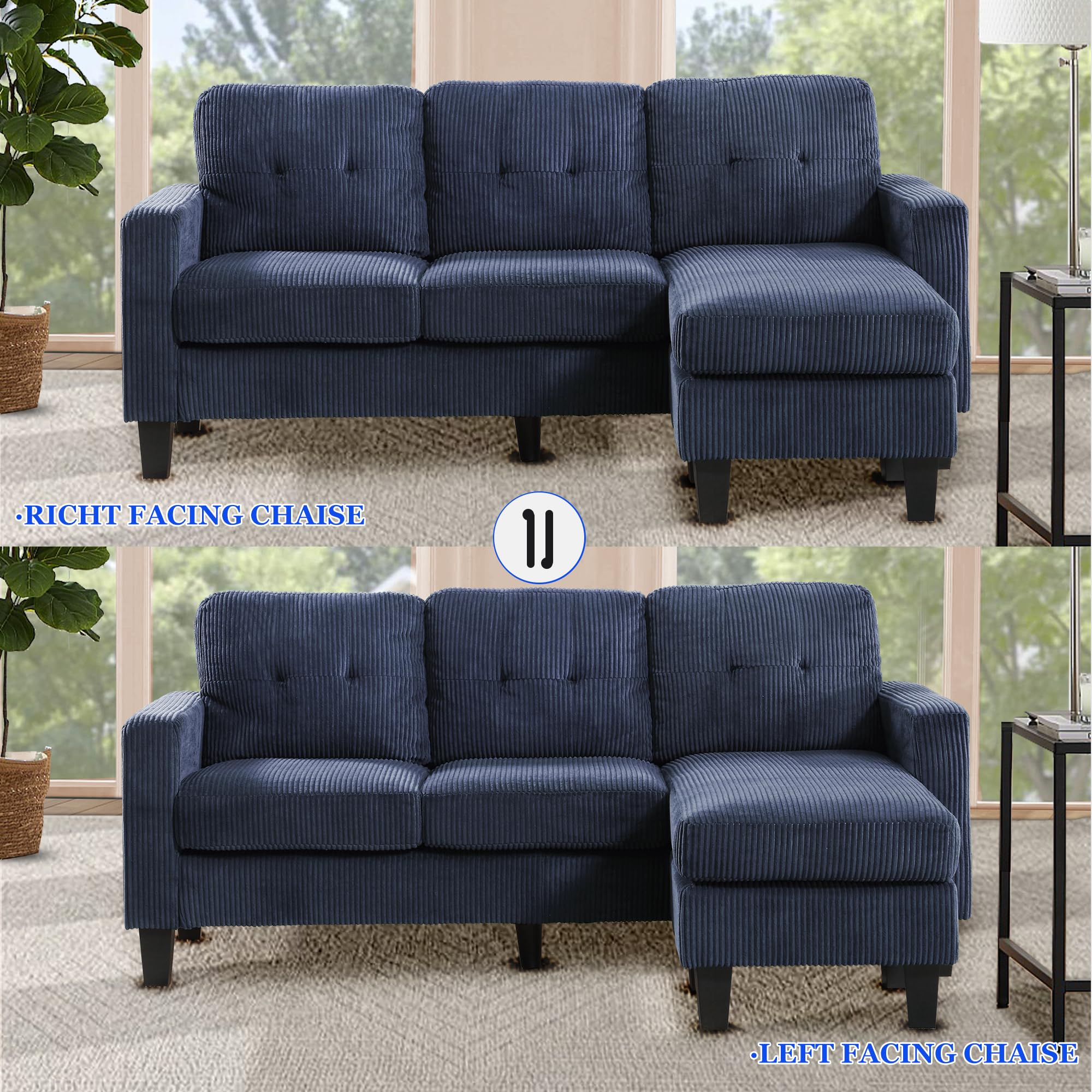 KYLE & KAY 73'' Convertible Sectional Sofa Couch, 3 Seat L-Shaped Sofa with Reversible Chaise, Small Couches for Small Spaces,Living Room, Apartment and Office, Navy