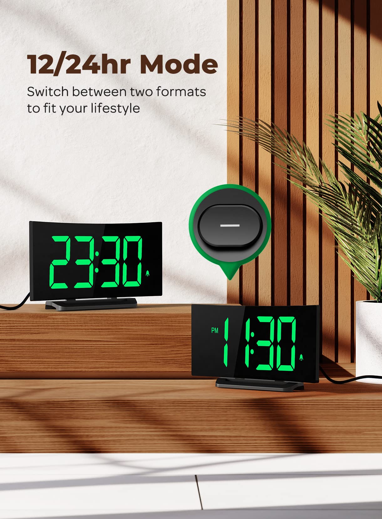 Digital Alarm Clocks for Bedrooms, Digital Clock with LED Curved Screen Display, 5 Adjustable Brightness+off, 3 Ringtones, 2 Levels Volume, 12/24H, Snooze, Outlet Powered Bedside Clock for Kids Adults