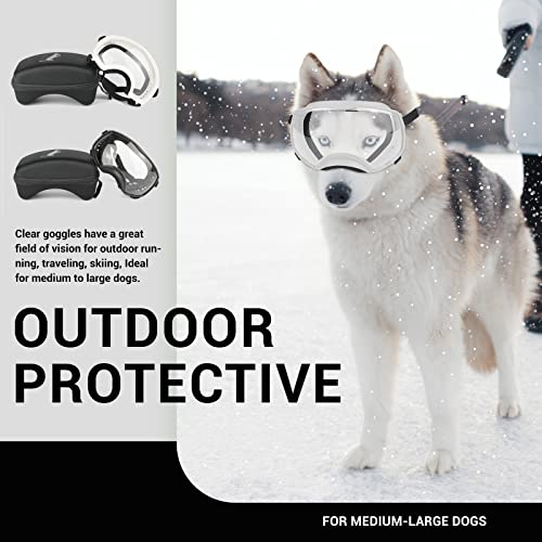 NAMSAN Clear Dog Goggles Medium Large Dog Sport Sunglasses UV Protection Soft Pet Goggles Deep Eyecups Fog/Windproof Outdoor Eyewear for Medium-Large Dogs, White
