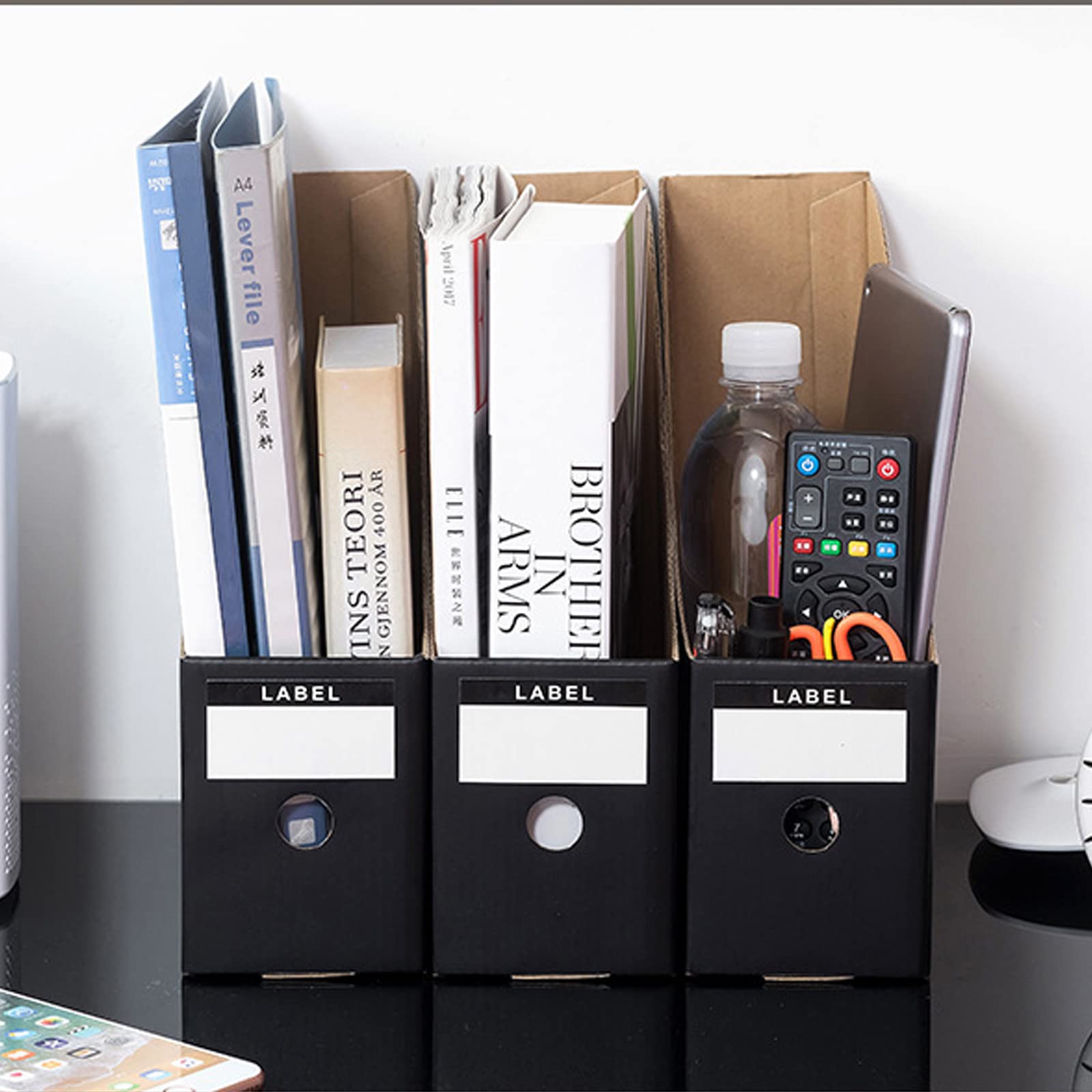 EWAFILU 15 Pack Black Foldable Desk File Holder, Cardboard Magazine Storage Box with Labels for School Office Desk Supplies