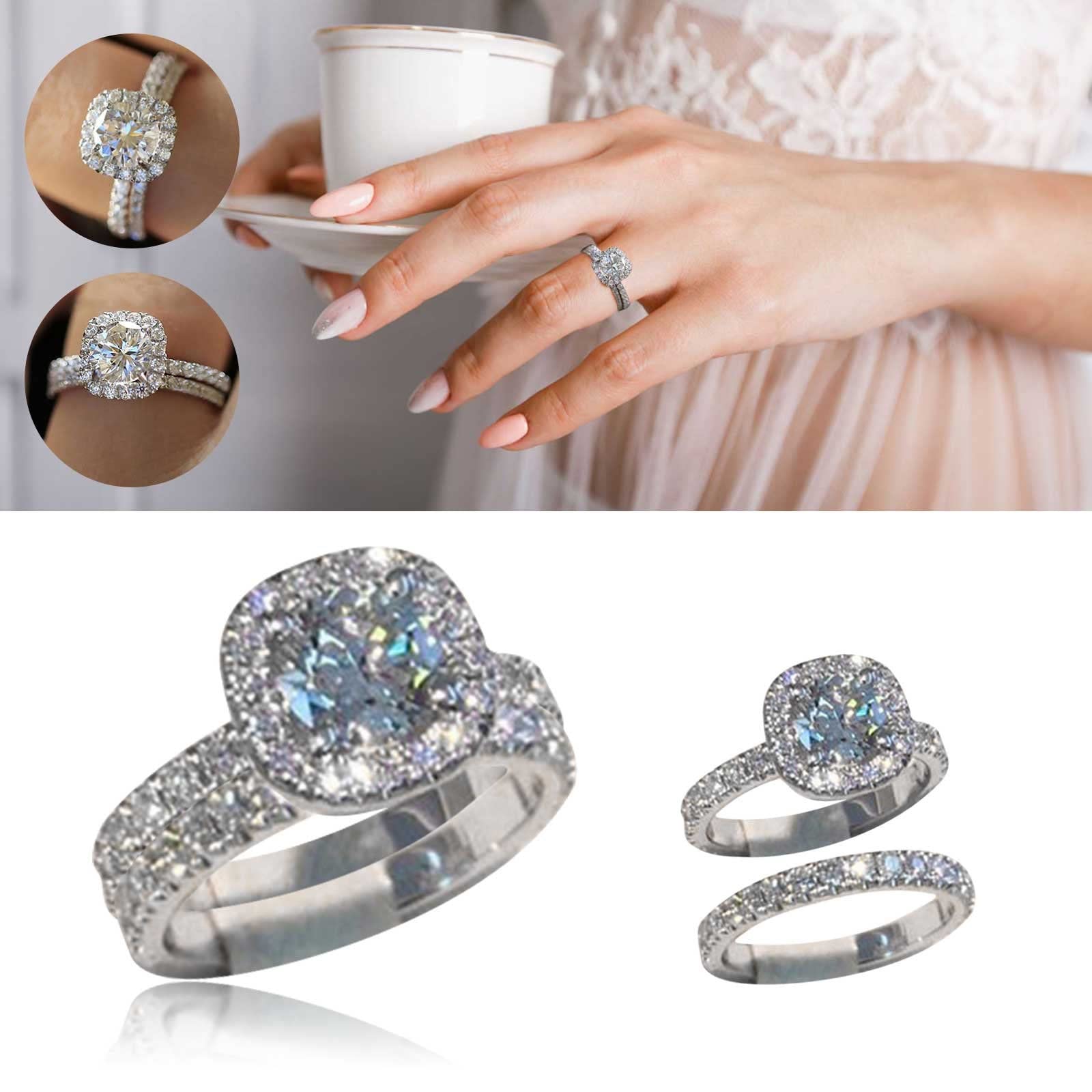 FUELEGO 2pcs Full Diamond Ring Set for Women Exquisite Stackable Square Diamond Engagement Wedding Jewelry Birthday Valentine's Day Gifts
