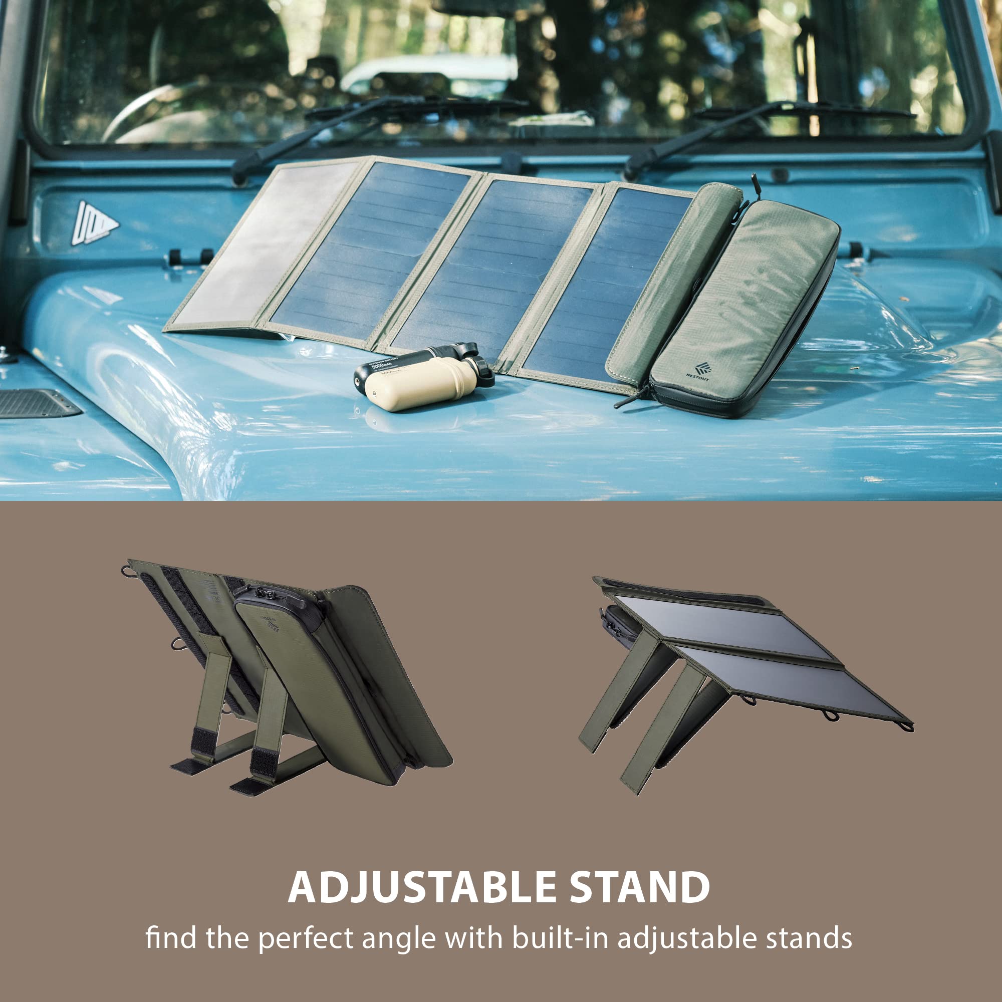 ELECOM NESTOUT Portable Solar Panel, Dual USB-A Ports, 14W Power Generation Charger for Phone Camping, Durable Water-Resistant Ripstop Nylon, Foldable Lightweight, Adjustable Stands (2-Panel)