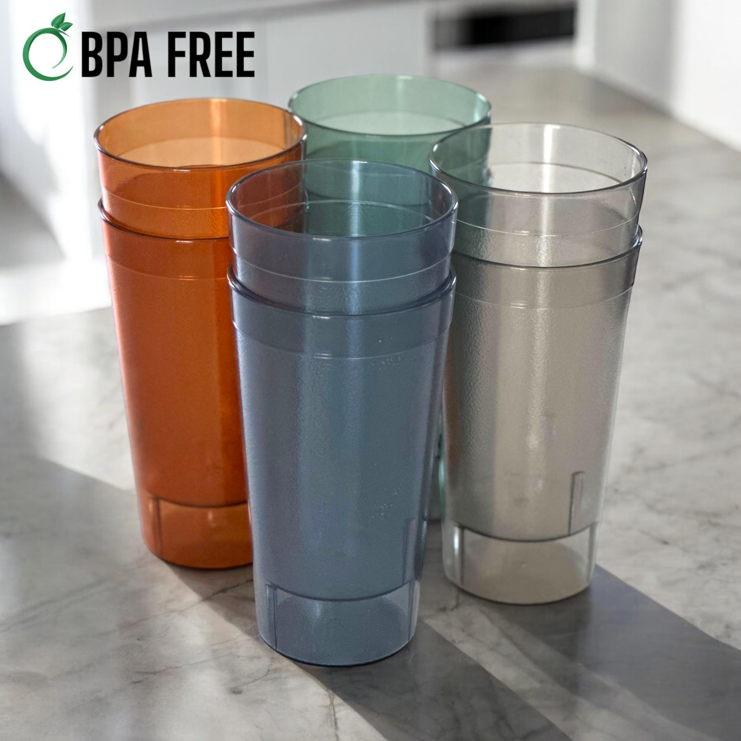 Oojami 20-ounce Plastic Reusable Tumblers, Assorted Colors Water Cups, Restaurant Style Drinking Glasses Set, Stackable, BPA-Free, Shatterproof, Top-Rack Dishwasher Safe (8, Earthy Elegance)