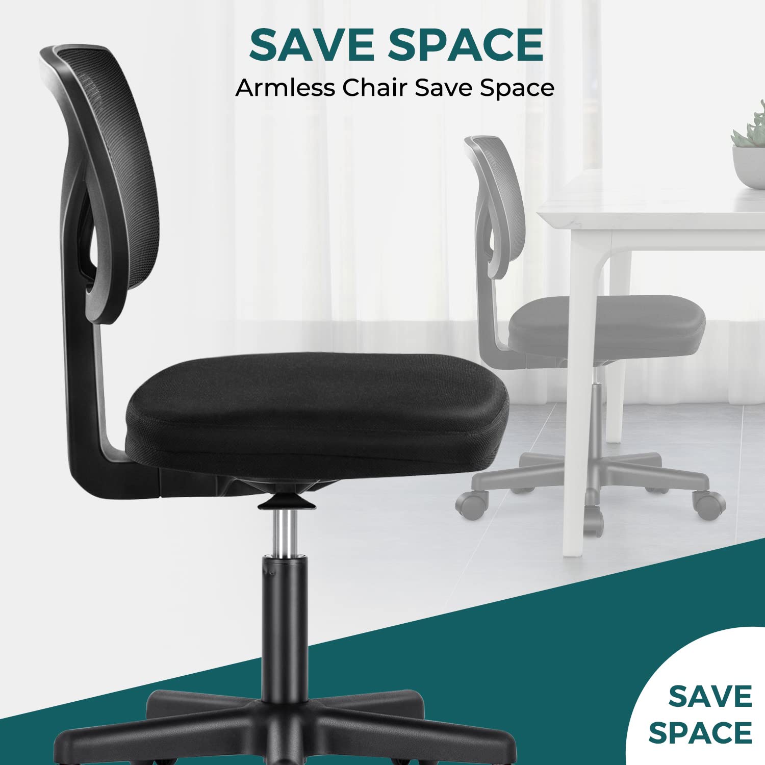 DUMOS Armless Desk Wheels Cute Home Office Arms, Ergonomic Adjustable Swivel Rolling Task, Comfy Mesh Mid Back Computer Work Vanity Chair for Small Spaces, Classic Black
