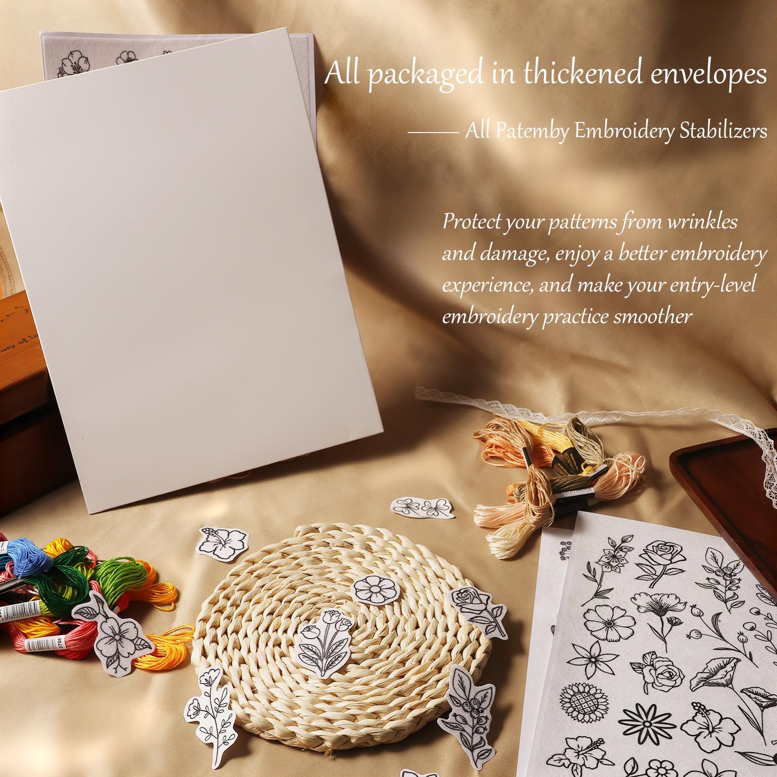 Patemby 50Pcs Water Soluble Embroidery Stabilizers, Stick and Stitch Embroidery Paper with Pre-Printed Flowers and Leaves Pattern Transfers for Hand Sewing Lover Beginners (Flower)