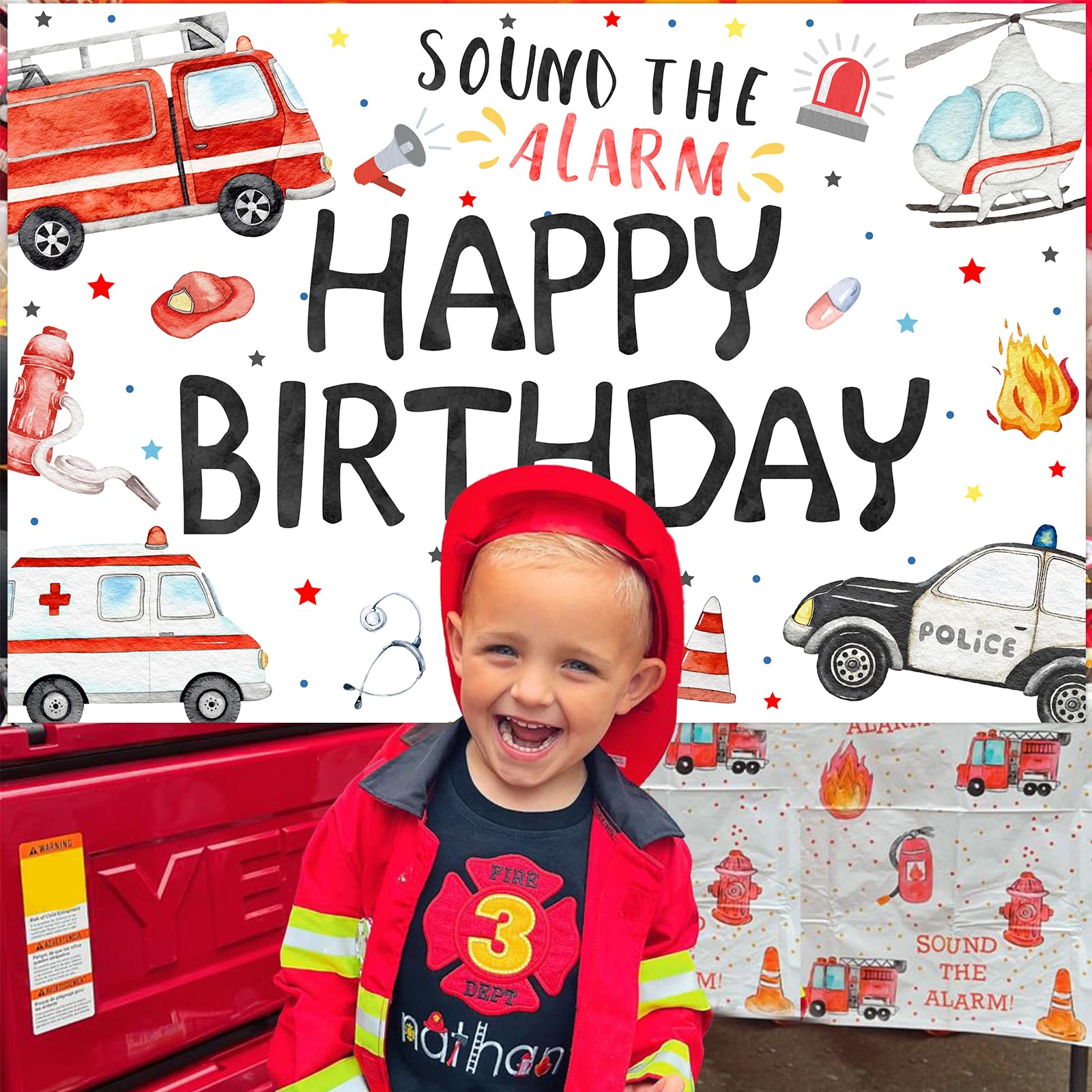 Wonmelody Emergency Birthday Decorations Backdrop Happy Birthday Sound the Alarm Backdrop Banner Rescue Vehicle Birthday Party Supply Team Rescue Backdrop First Responder Transportation Party