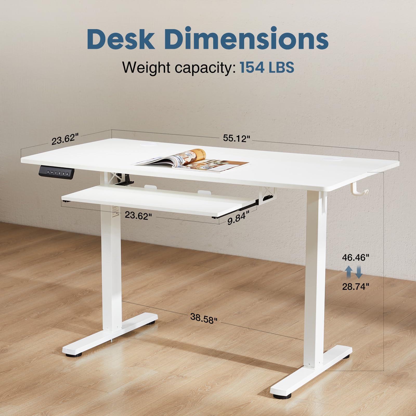 DUMOS Electric Height, 55 x 24 Inches Ergonomic Adjustable Memory Preset, Computer Stand Up Desk Suitable for Home Office, White, 55 x 24-Keyboard Tray