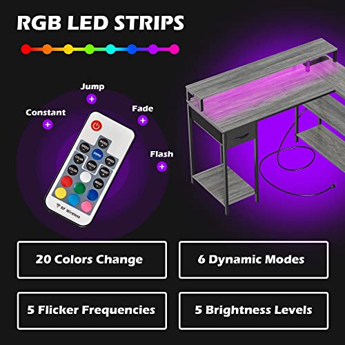 SUPERJARE L Shaped Gaming Desk with LED Lights & Power Outlets and